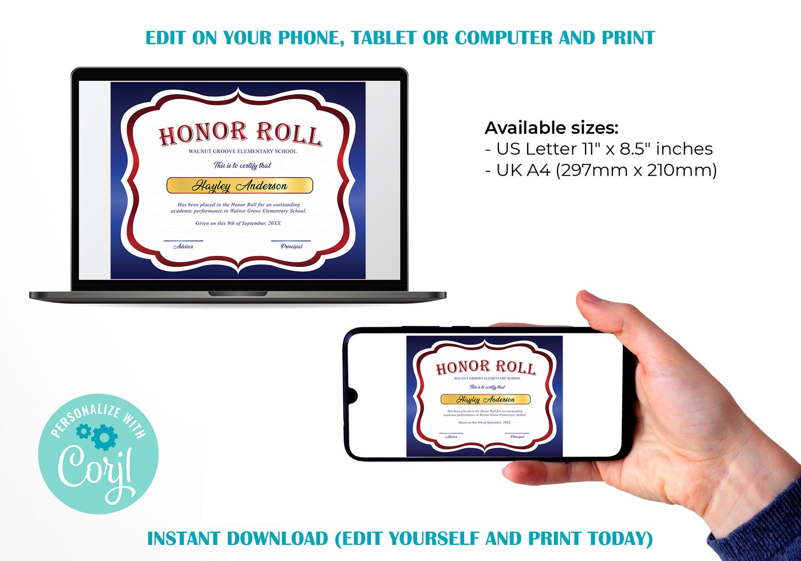 School Award Certificate Template, DIY Honor Roll Award, Red and Blue ...