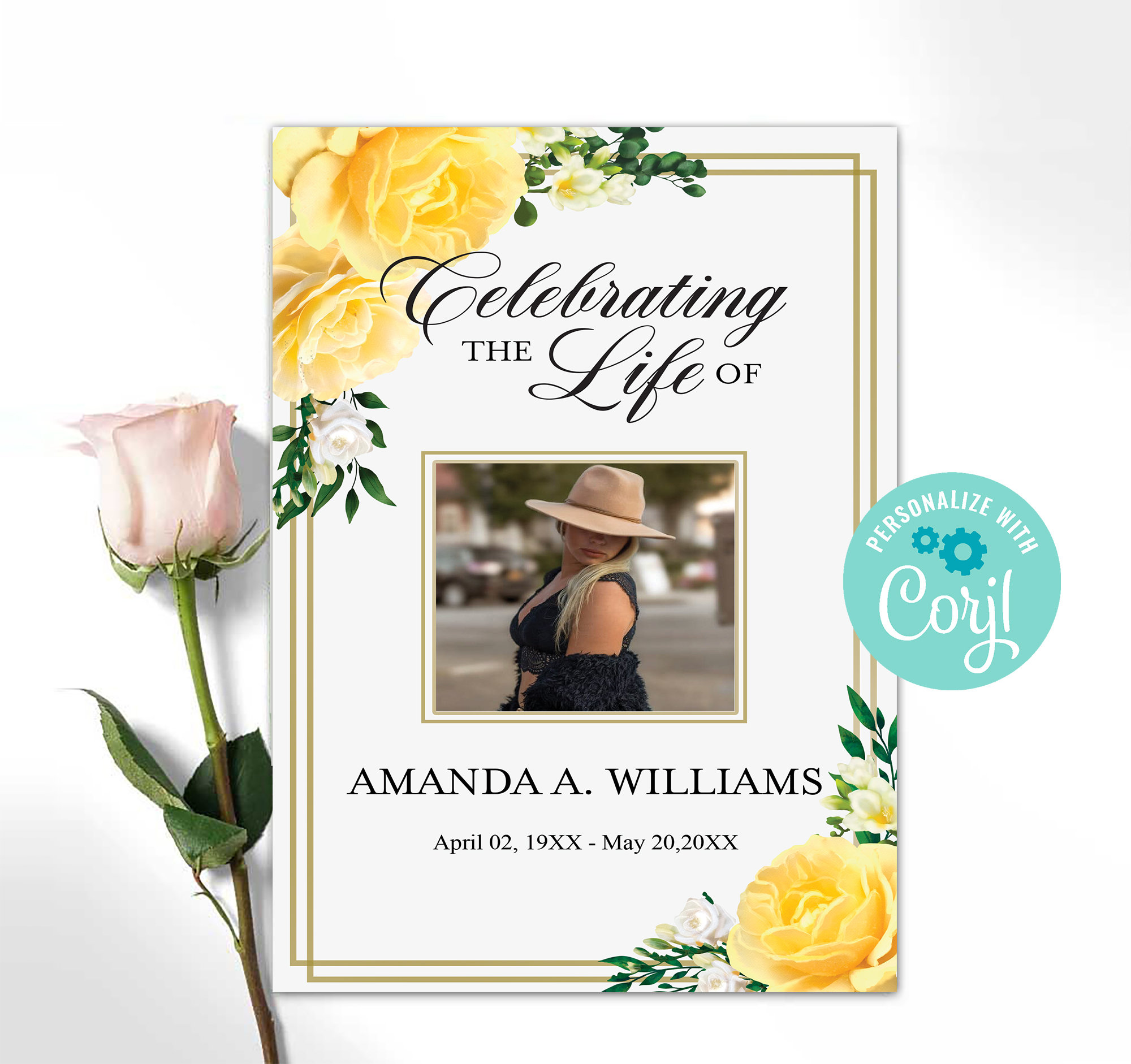 4 Page Editable Yellow Rose Funeral Program Template, Obituary Template ...