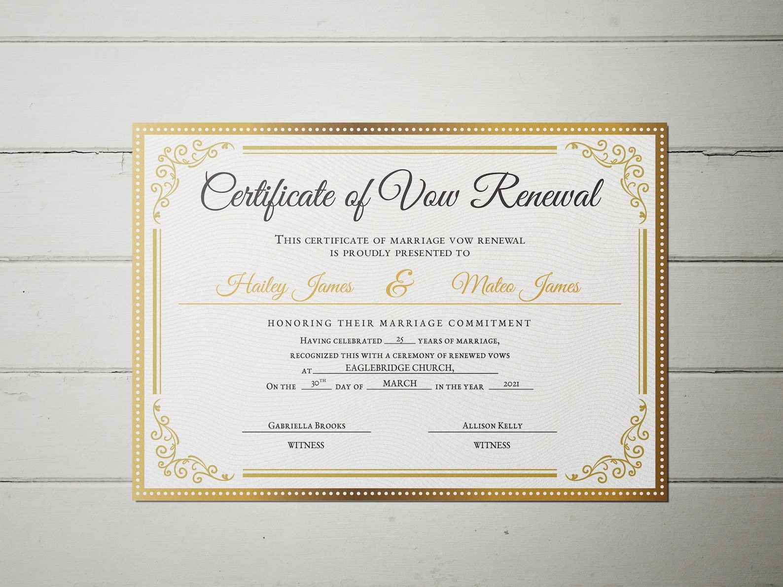 Gold Vow Renewal Certificate Template Vow Renewal | Etsy