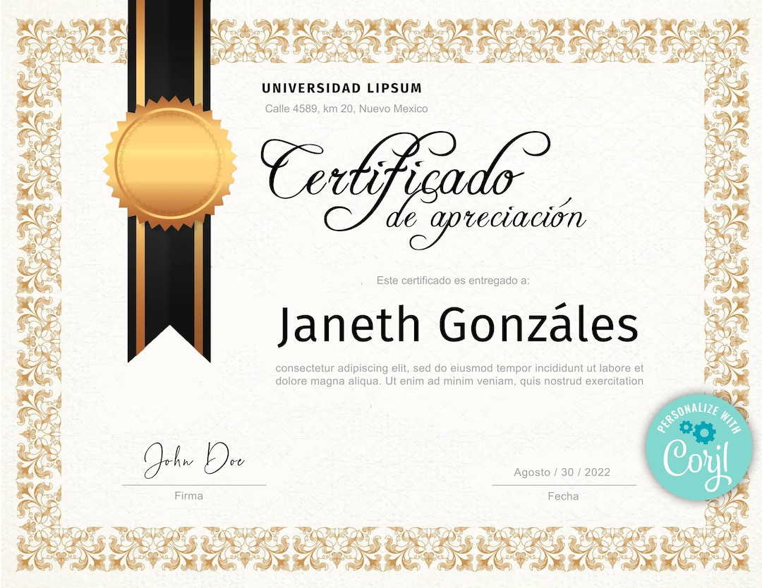 Certificado De Apreciación EDITABLE Elegant Design School Office Award ...