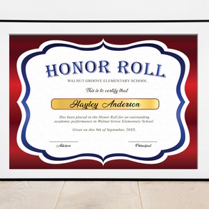 Customizable Honor Roll Certificate, Editable Red Blue Award ...