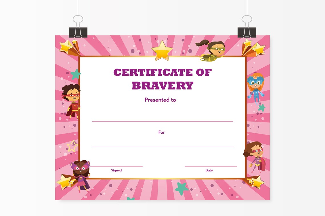 Printable PDF Certificate of Bravery, Pink PDF Kids Certificate ...