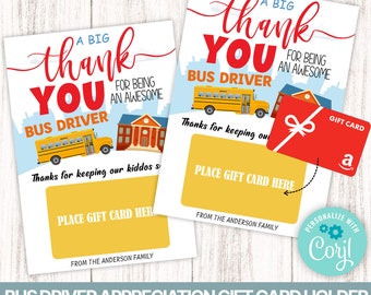 PRINTABLE Bus Driver Thank You Card, Bus Driver Gift Card Holder, Bus ...