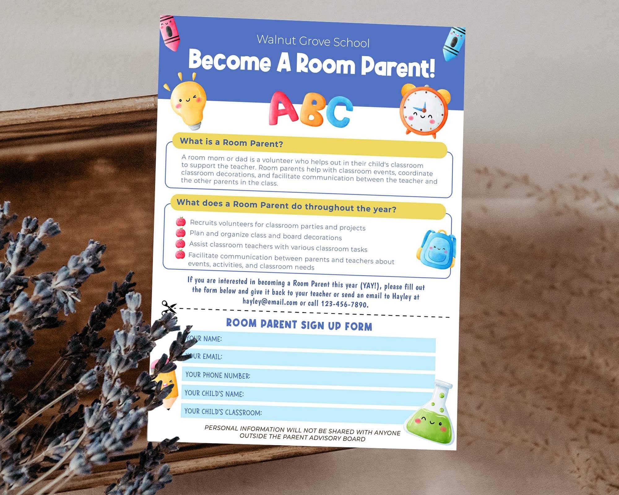 Editable Room Parent Form Flyer Template, PTA Forms, Editable Sign up ...