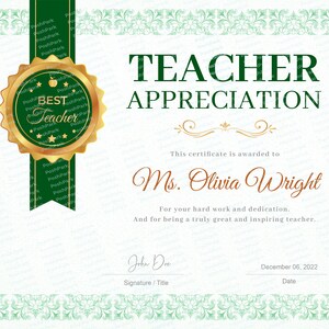 Editable Teacher Appreciation Award Certificate Template Set of 10 ...