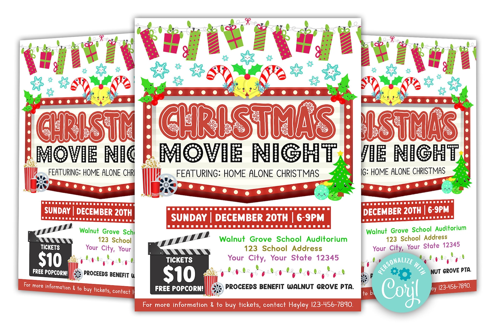 Editable Christmas Movie Night Flyer, Xmas School Church Benefit ...