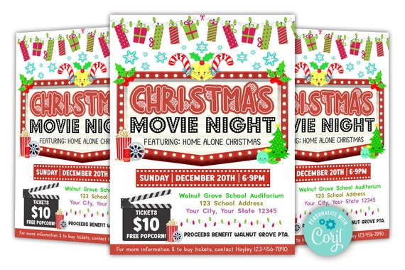 Editable Christmas Movie Night Flyer, Xmas School Church Benefit ...