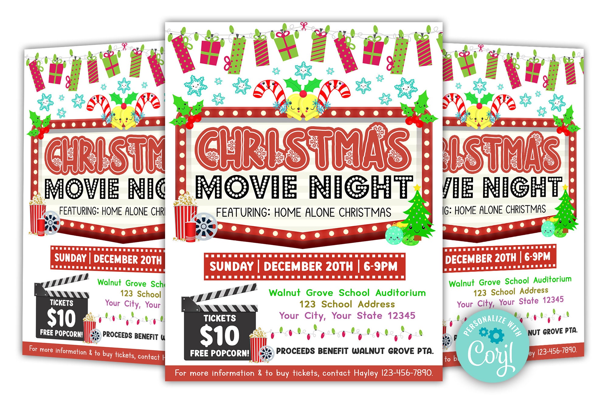 Editable Christmas Movie Night Flyer, Xmas School Church Benefit ...
