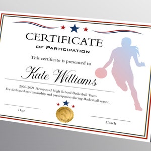 Editable Girl's Basketball Certificate Template: Sports Award (digital ...