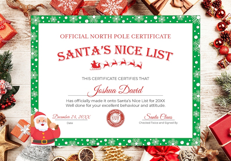 Nice List Certificate Printable Santa Template Christmas - Etsy
