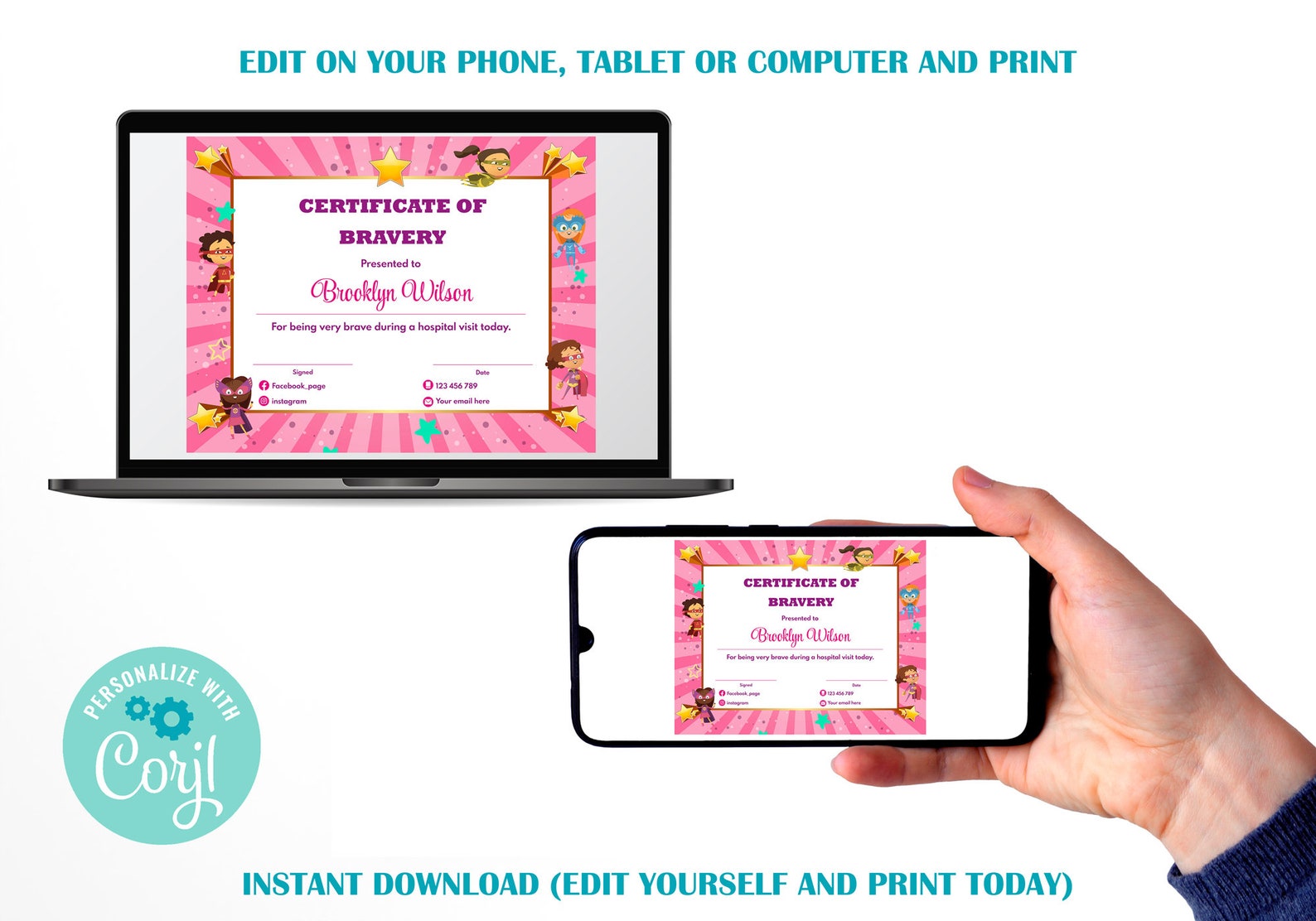 Editable Certificate of Bravery, Pink Printable Kids Certificate ...