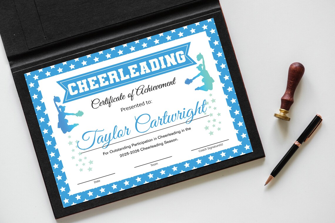Editable Cheer Certificate Light Blue, Cheerleading Gifts Award ...