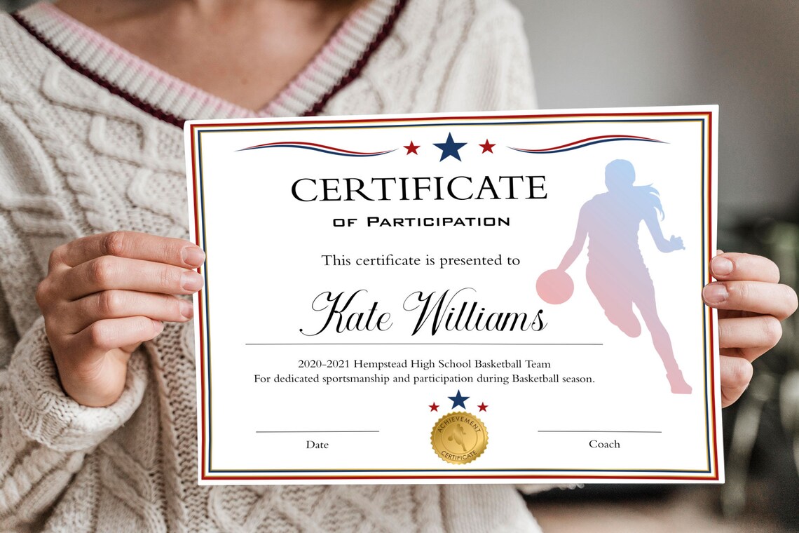 Editable Girl's Basketball Certificate Template: Sports Award (digital ...