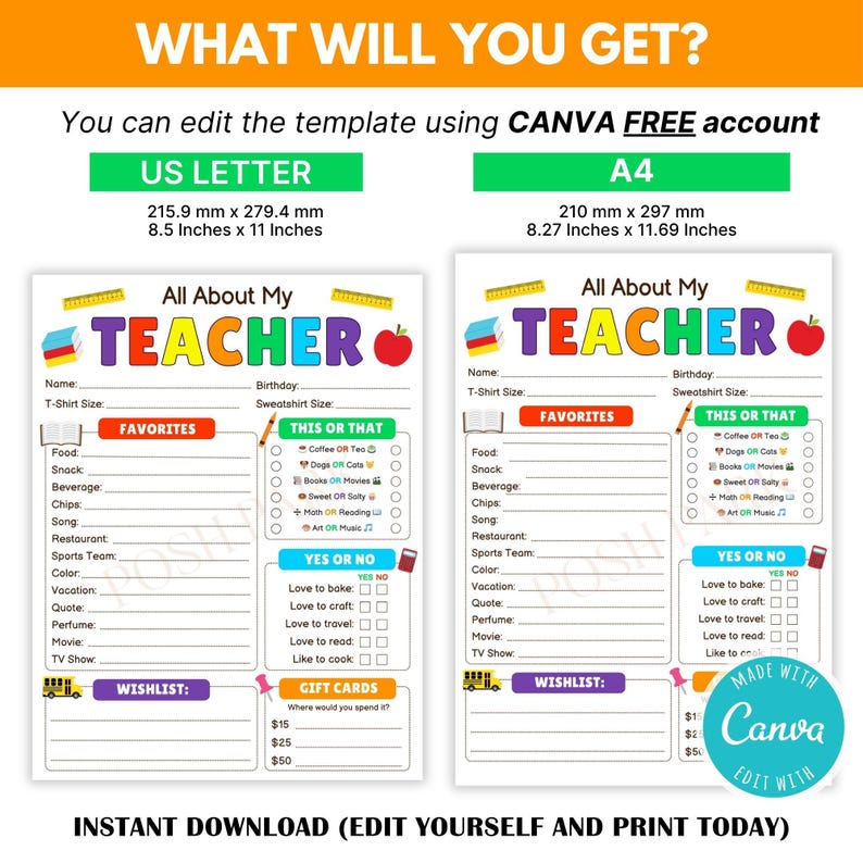All About My Teacher Editable | Printable Teacher Favorite Things ...