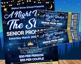 Editable A Night Under the Stars Prom Flyer and Ticket Bundle, School Dance Prom Set, Starry ...