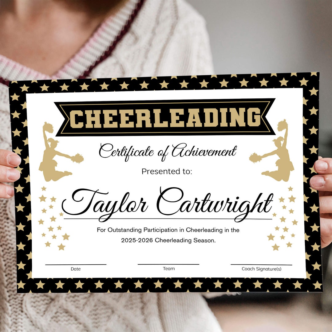 Editable Cheerleader Certificate, Gold and Black Cheer Certificates ...