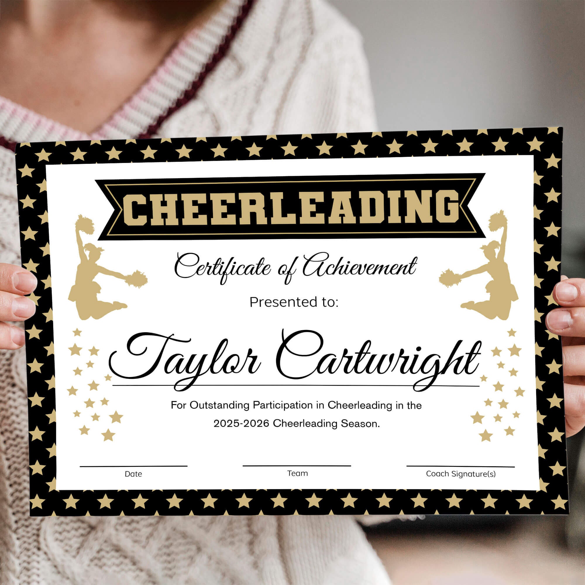 Editable Cheerleader Certificate, Gold and Black Cheer Certificates ...