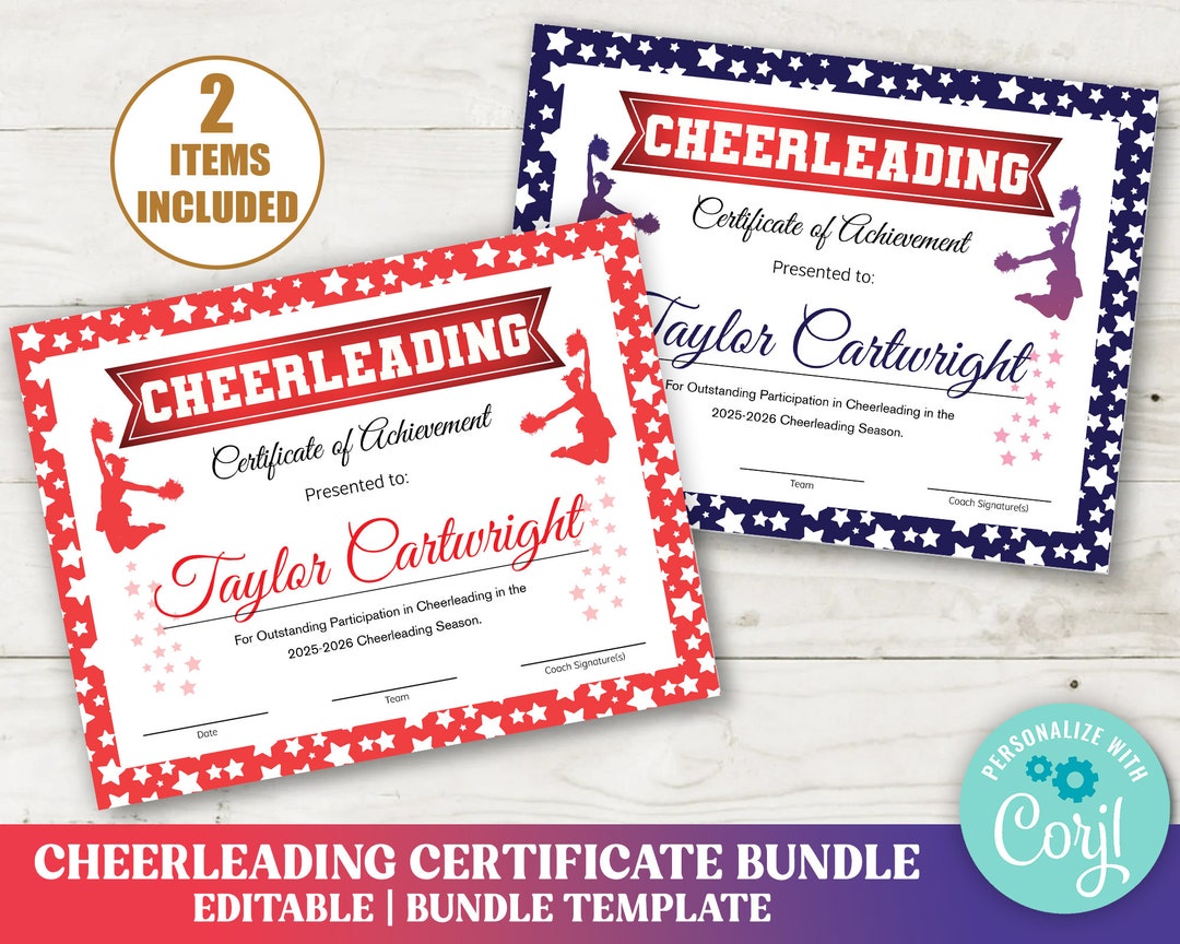 Editable Cheer Certificates, Cheerleader Certificate Red and Blue Set ...