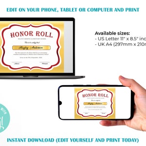 Editable Honor Roll Award Certificate Set of 4, DIY Student Award ...