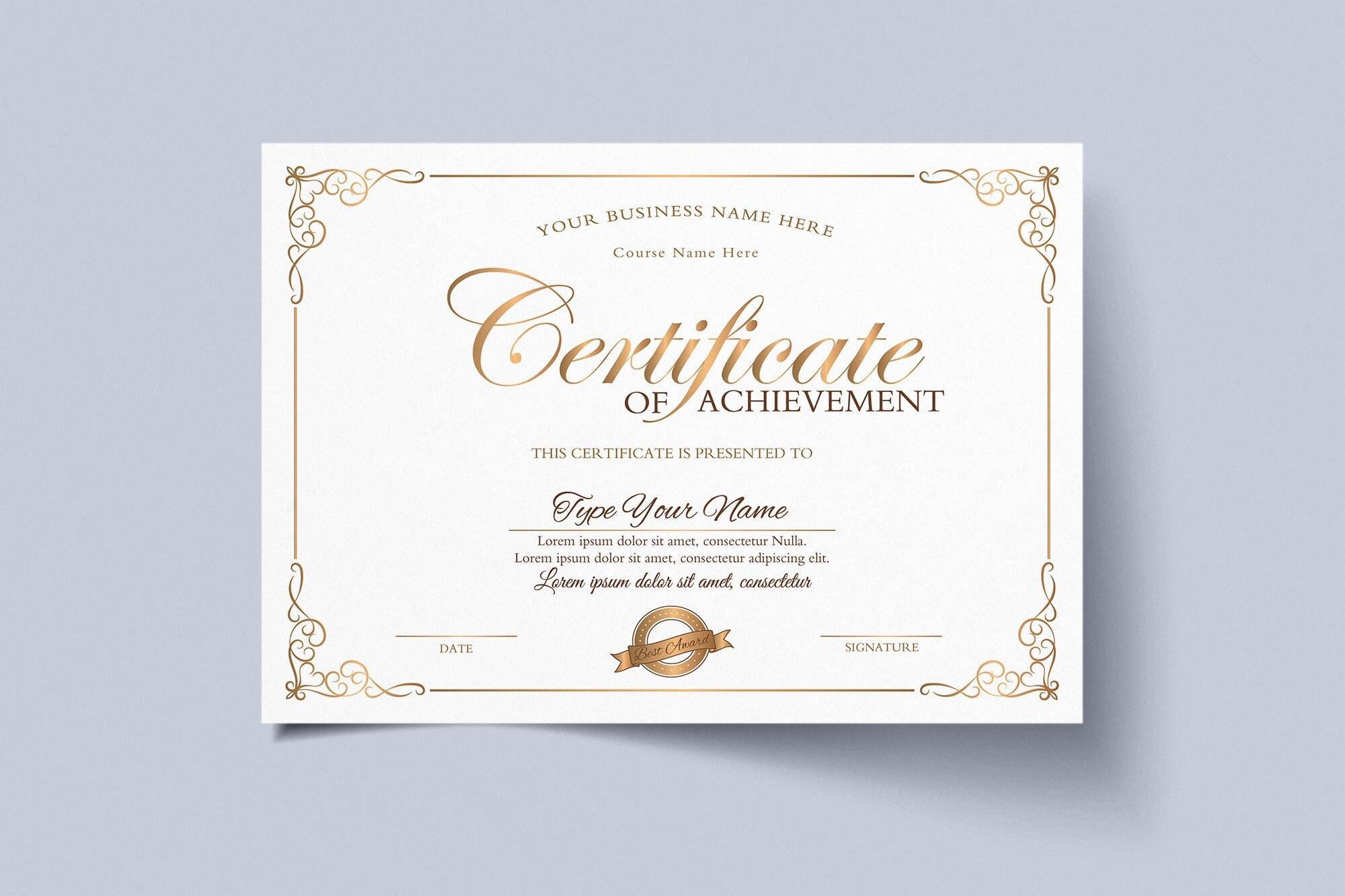 Custom Certificate of Achievement Template, Gold DIY Award Certificate ...
