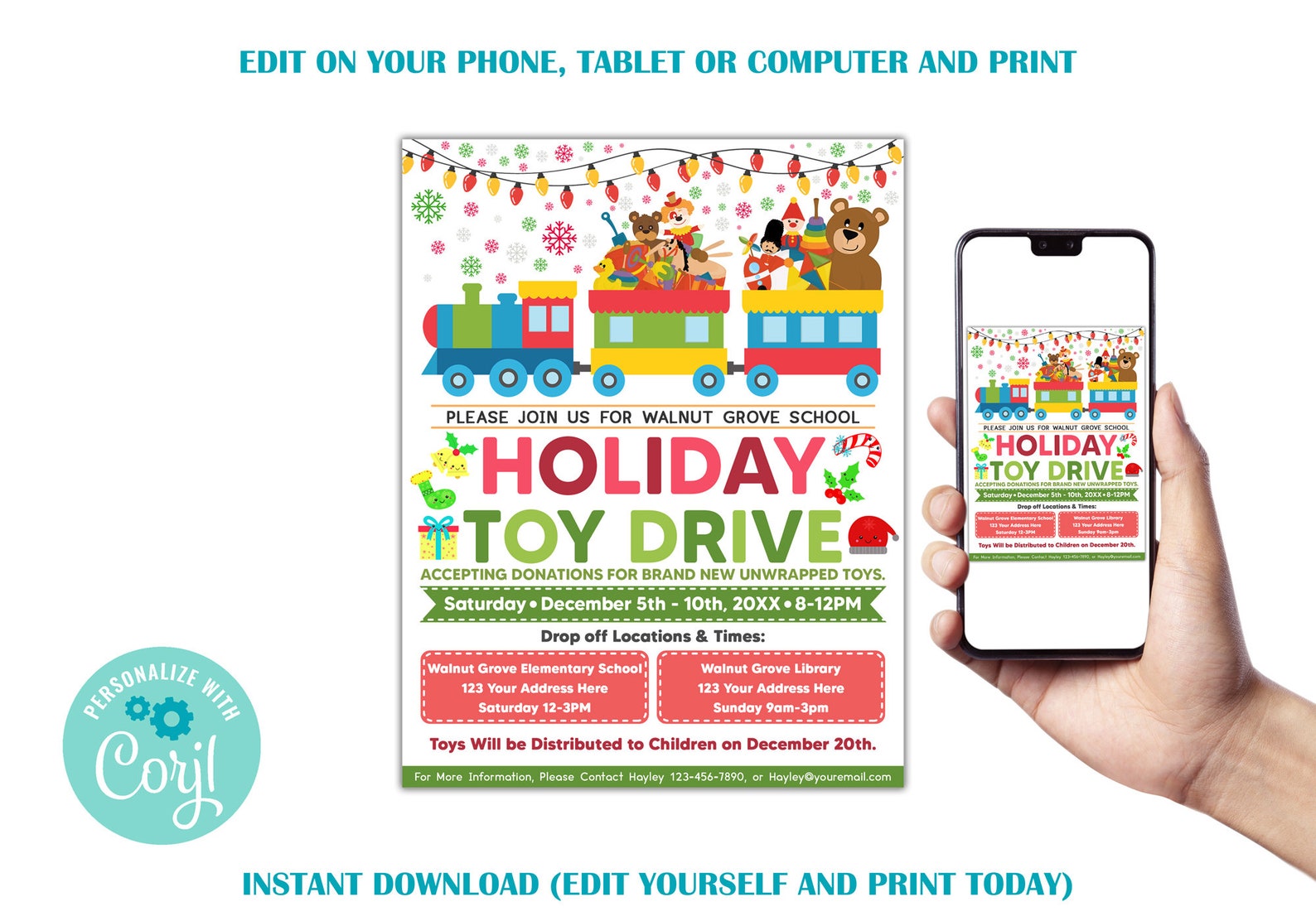 Editable Holiday Toy Drive Flyer Template, Printable Toy Drive ...