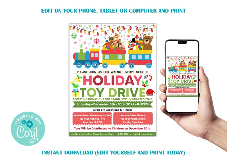Editable Holiday Toy Drive Flyer Template, Printable Toy Drive ...