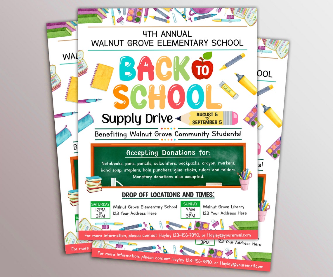 Editable Back to School Flyer, Colorful School Supply Drive Flyer ...