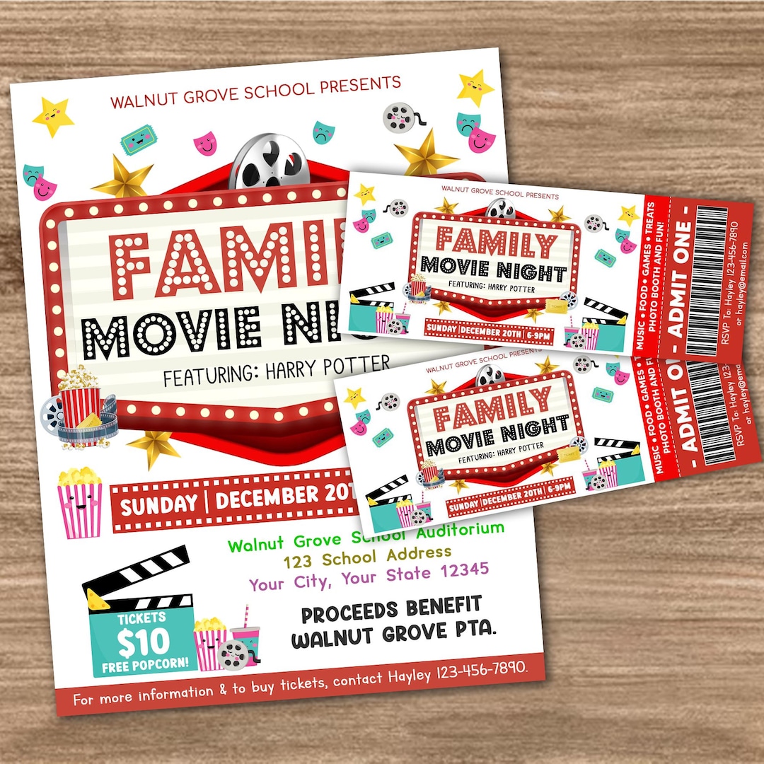 Editable Family Movie Night Flyer and Ticket Bundle Template, School ...