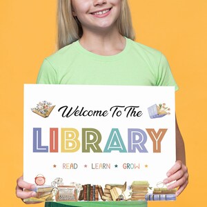 Welcome Library School Sign, Printable School Library Poster Classroom ...