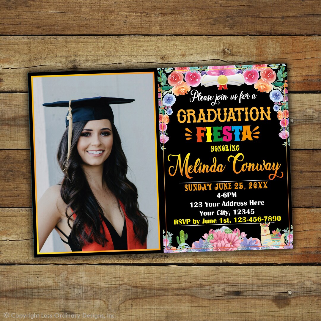 EDITABLE Fiesta Graduation Party Invitations With Photo, Black Floral ...