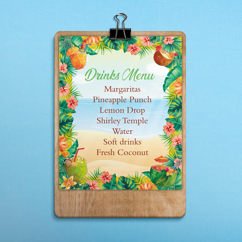 Editable Luau Drink Menu Sign Template, Hawaii Bar Menu Luau Party ...