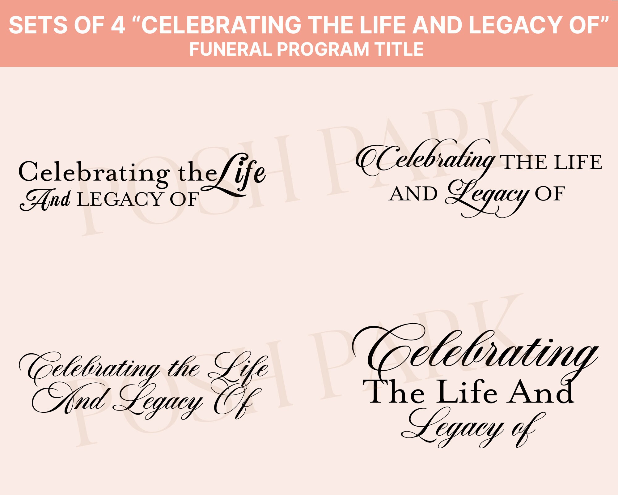Sets of 4 Funeral Program Word Art Titles, Celebrating the Life and ...