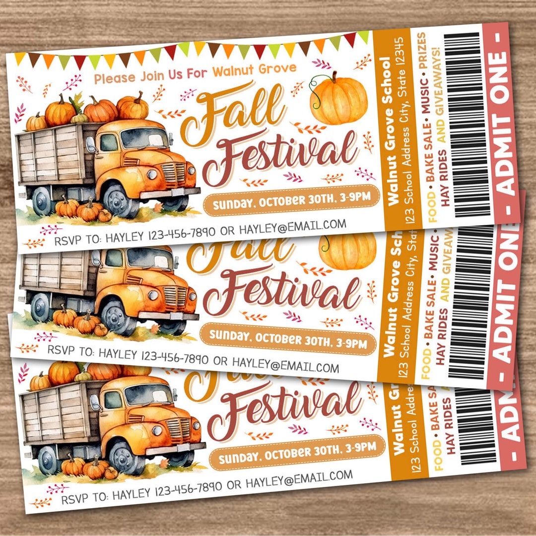 Editable Fall Harvest Festival Ticket Invite, Fall Event Party Ticket ...