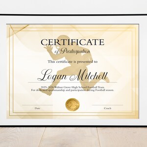 Football Award Certificate Template, Sports Participation Achievement ...