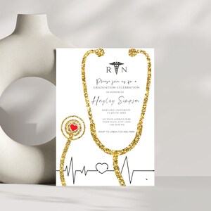 Editable Nurse Graduation Invitation , White and Gold Graduation Party ...