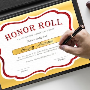 Editable Honor Roll Award Certificate, Beige Red School Certificate ...