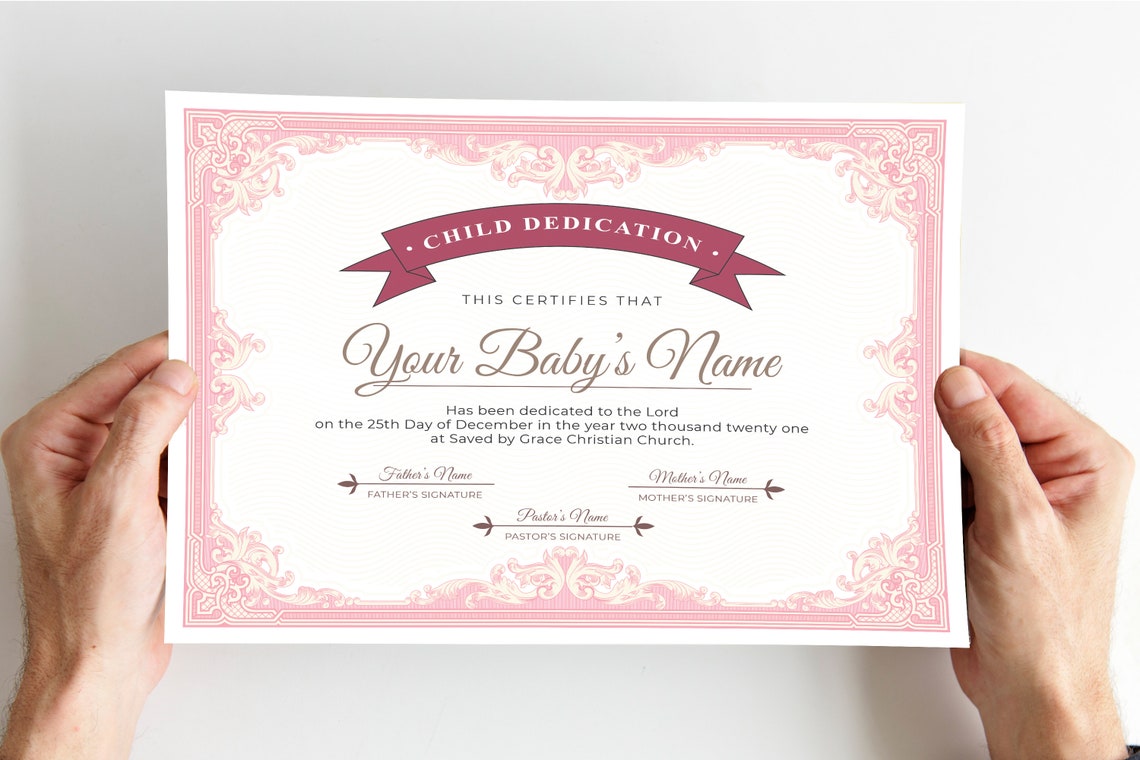 EDITABLE Pink Baby Dedication Certificate Template, Girl Baby ...