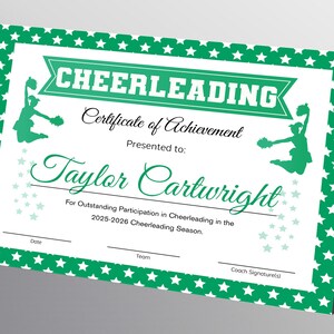 EDITABLE Cheerleader Certificate, Green DIY Cheerleading Award ...