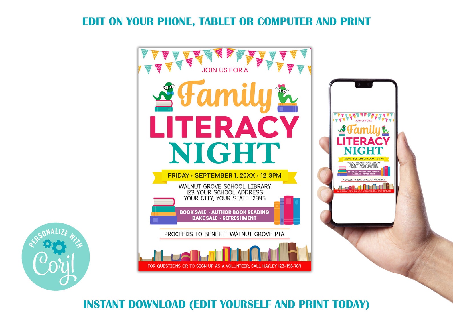 Editable Family Literacy Night Flyer, PTO PTA Reading Book Sale School ...