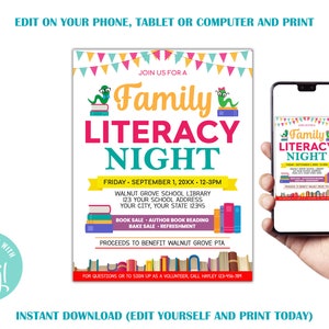 Editable Family Literacy Night Flyer, PTO PTA Reading Book Sale School ...