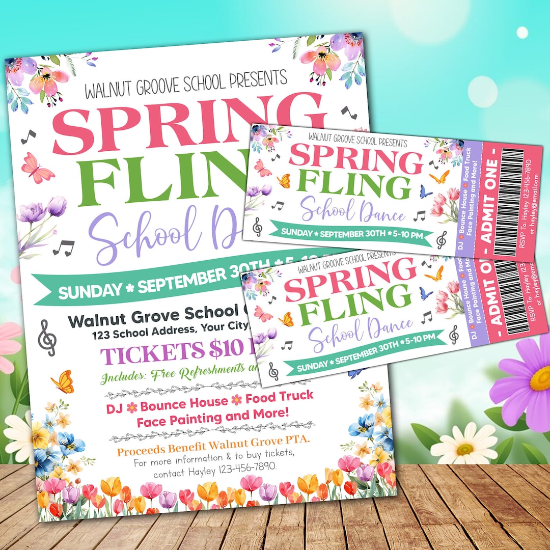 Editable Spring Fling School Dance Flyer and Ticket Bundle Template ...