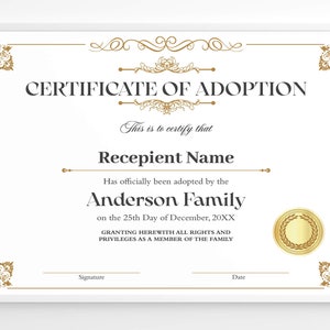 Editable Adoption Certificate Template, Certificate of Adoption to Our ...