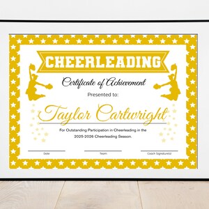 EDITABLE Cheerleader Certificate, Yellow Cheer Certificates Sports ...