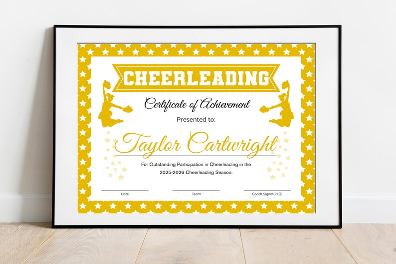 EDITABLE Cheerleader Certificate, Yellow Cheer Certificates Sports ...