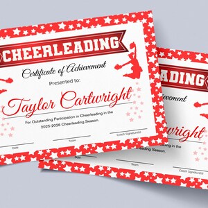 EDITABLE Cheerleader Certificate, Red White Cheer Certificates Sports ...