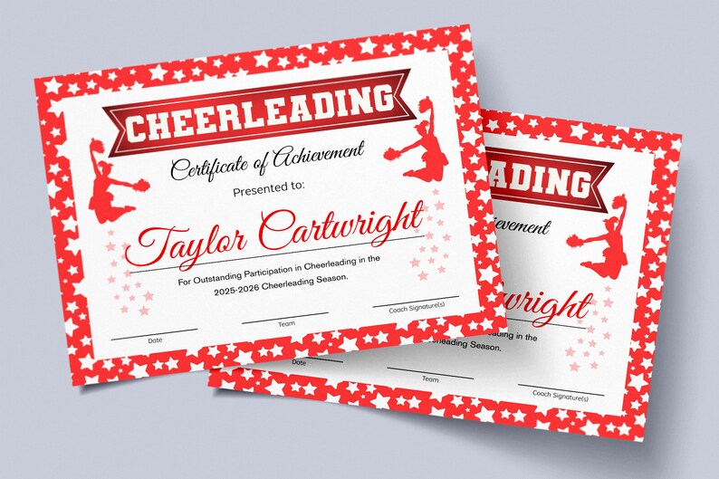EDITABLE Cheerleader Certificate, Red White Cheer Certificates Sports ...
