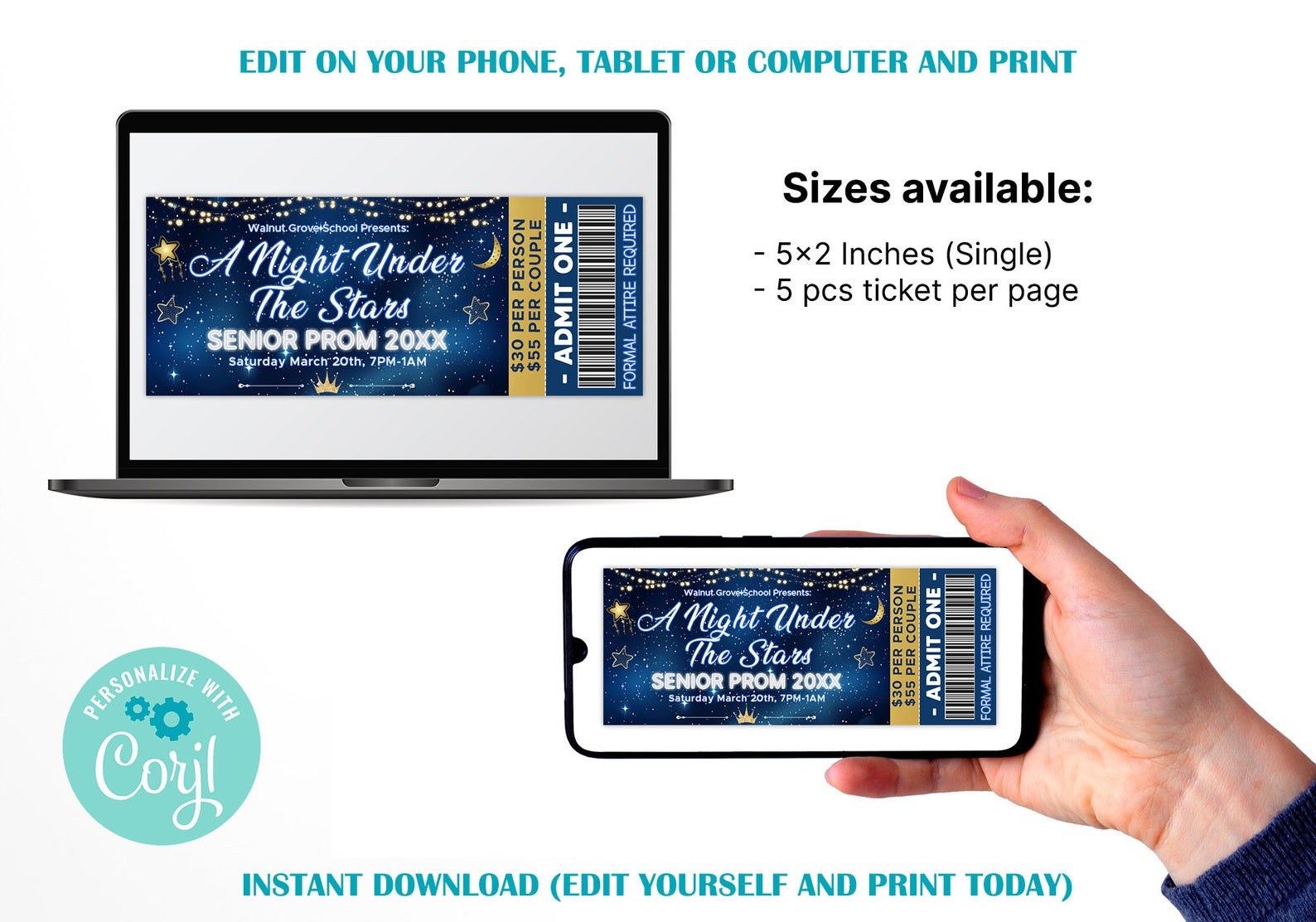 Editable A Night Under the Stars Prom Ticket, School Dance Flyer Prom ...