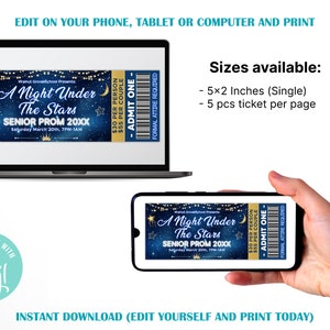 Editable A Night Under the Stars Prom Ticket, School Dance Flyer Prom ...