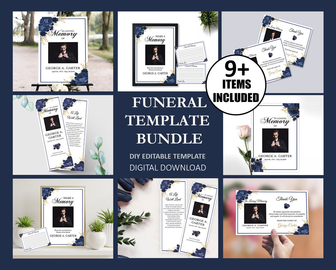9 Piece Blue Obituary Template Bundle | 8 Page Obituary Template| Thank ...