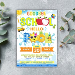 Editable End of School Pool Party Invitation, Goodbye School Hello Pool ...